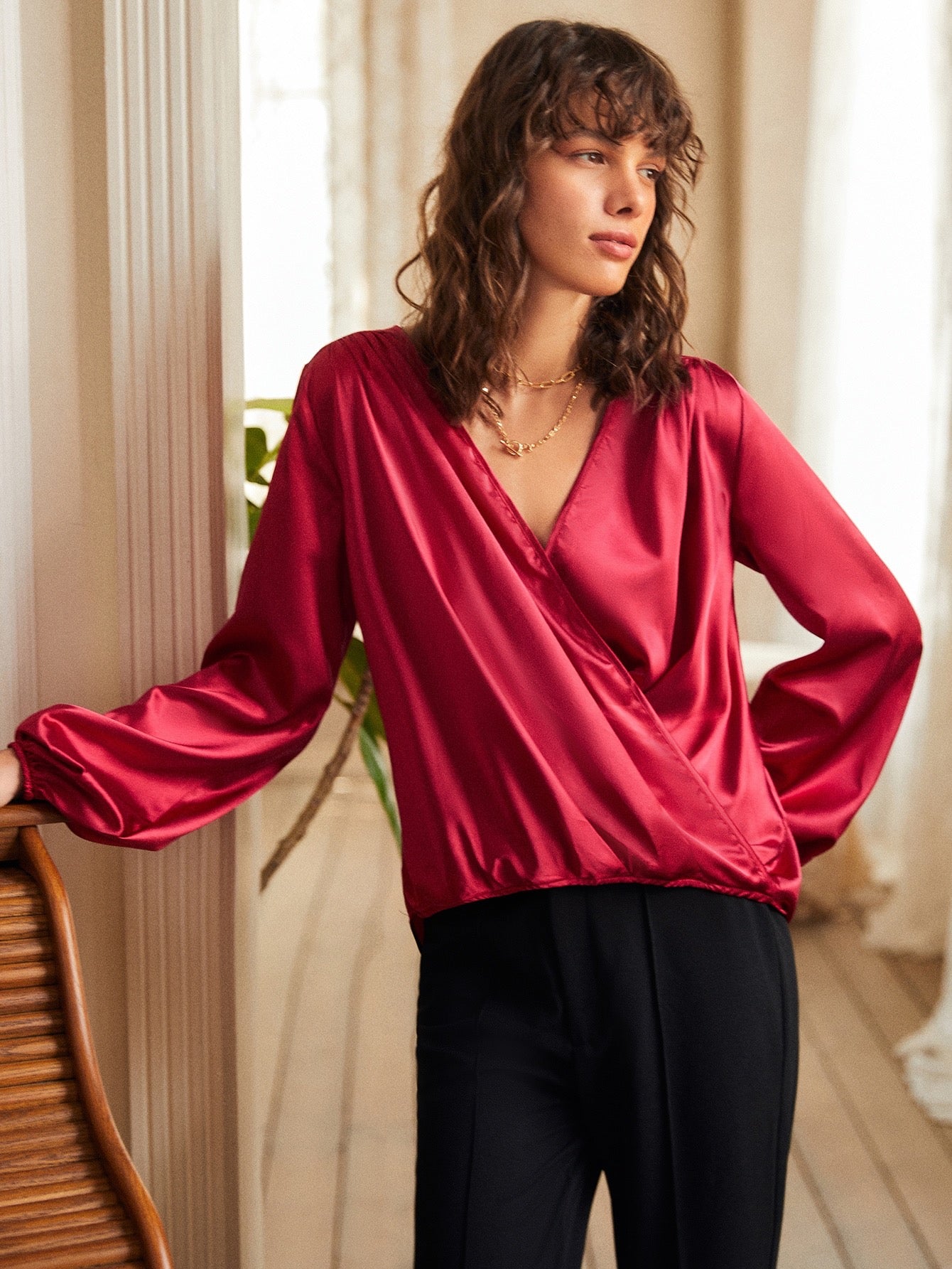 Shein Surplice Neck Lantern Sleeve Satin Blouse Urban Chic